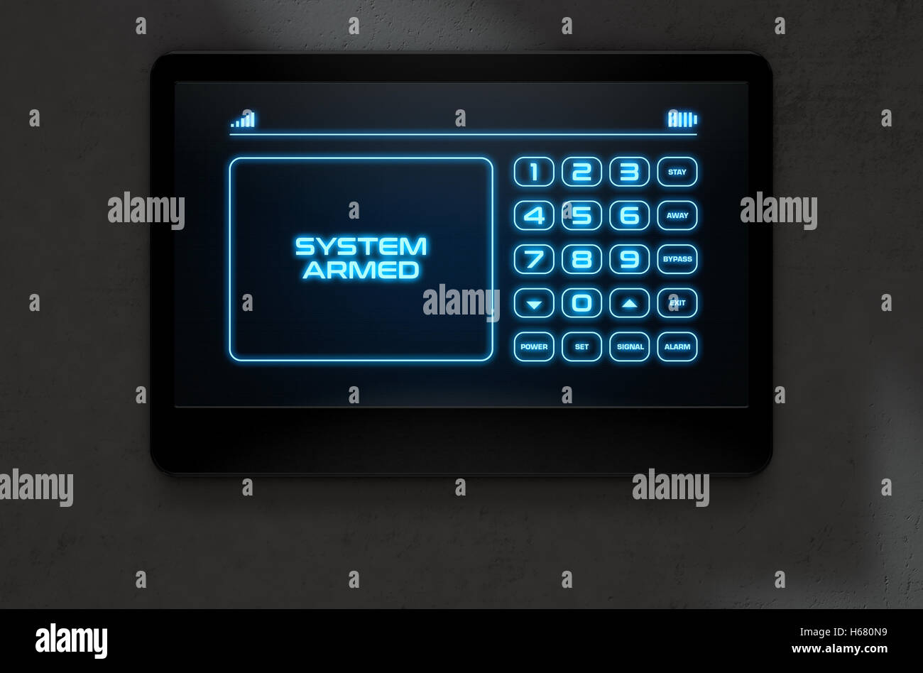 A 3D render of a modern touch screen interactive home security keypad ...