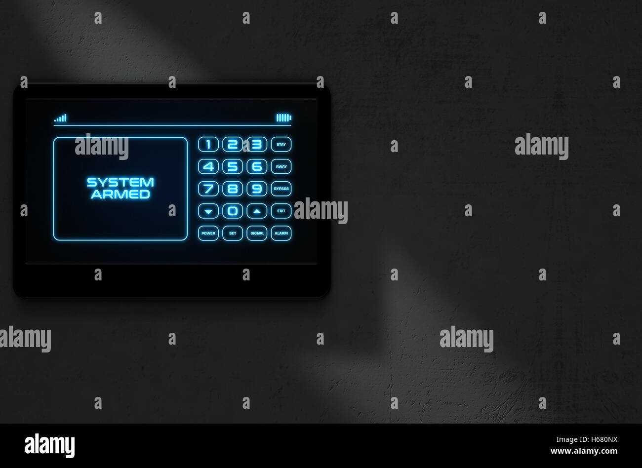A 3D render of a modern touch screen interactive home security keypad ...
