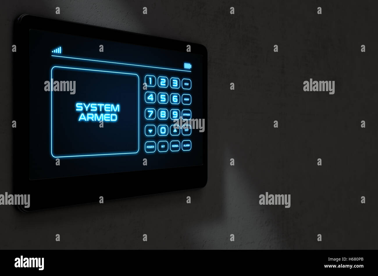 A 3D render of a modern touch screen interactive home security keypad ...