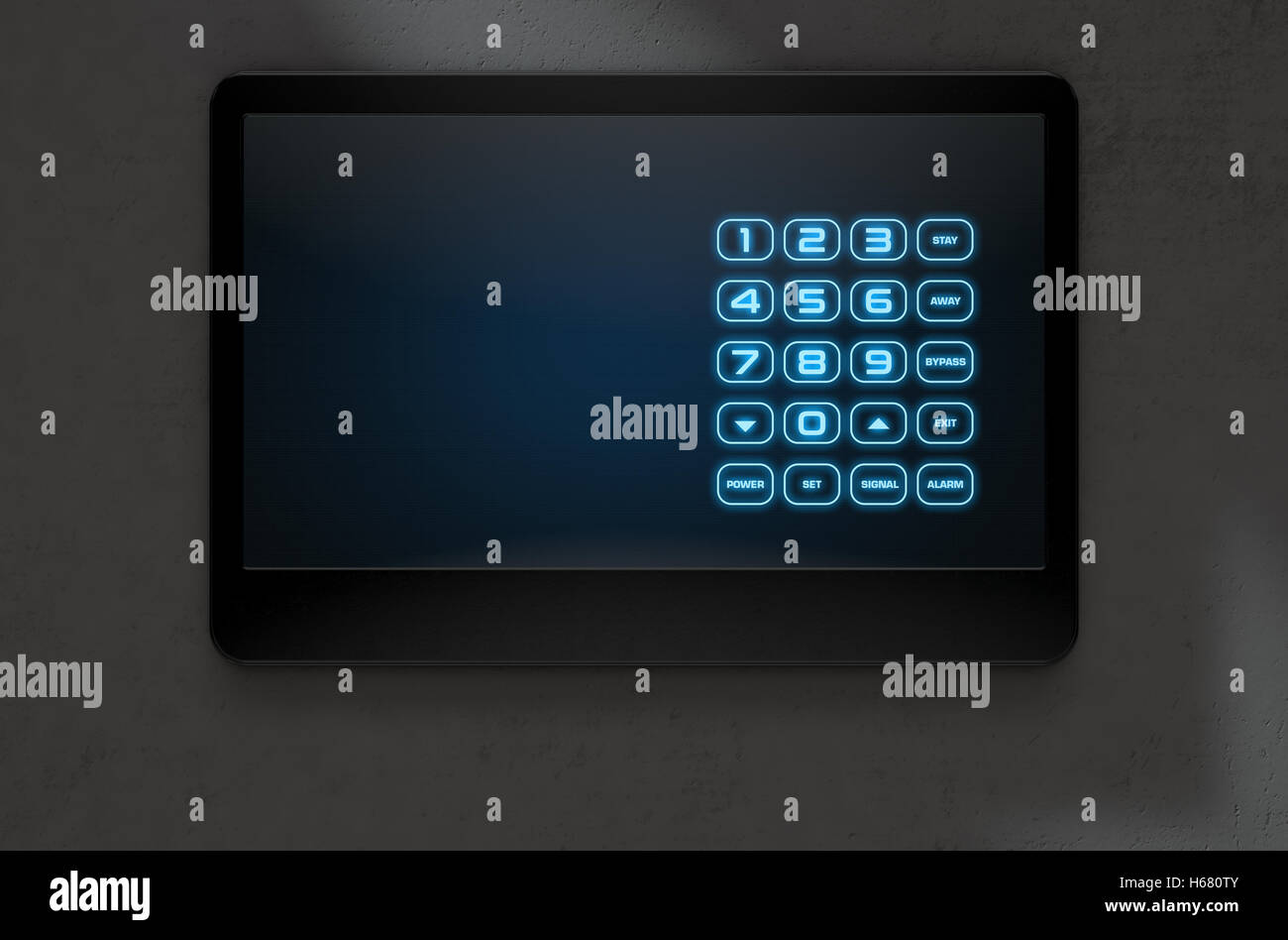 A 3D render of a modern touch screen interactive home security keypad ...