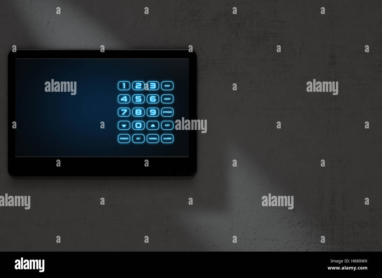 A 3D render of a modern touch screen interactive home security keypad ...