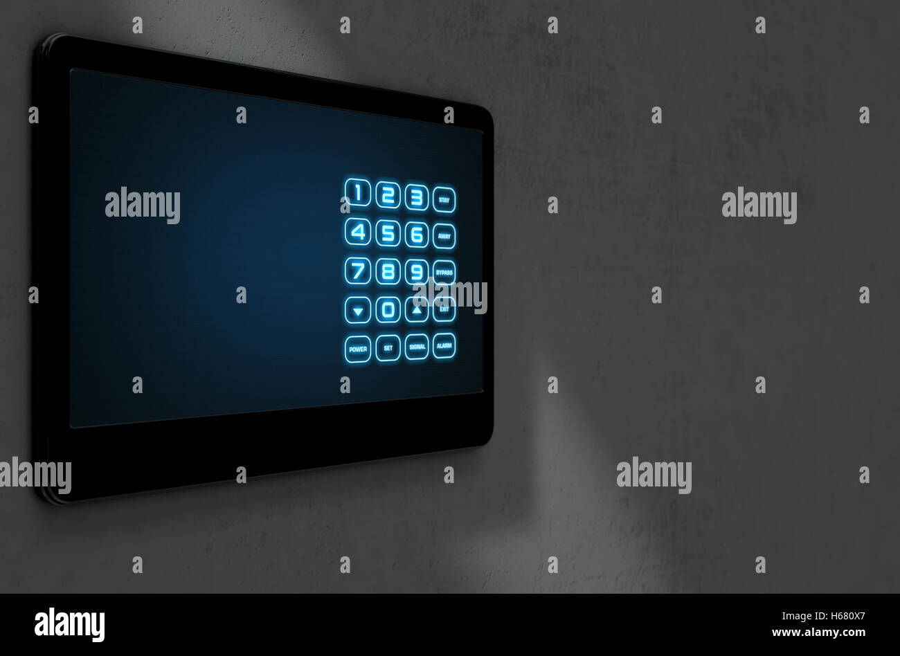 A 3D render of a modern touch screen interactive home security keypad ...