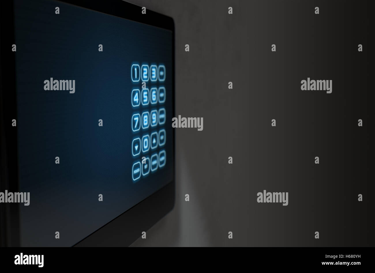 A 3D render of a modern touch screen interactive home security keypad ...