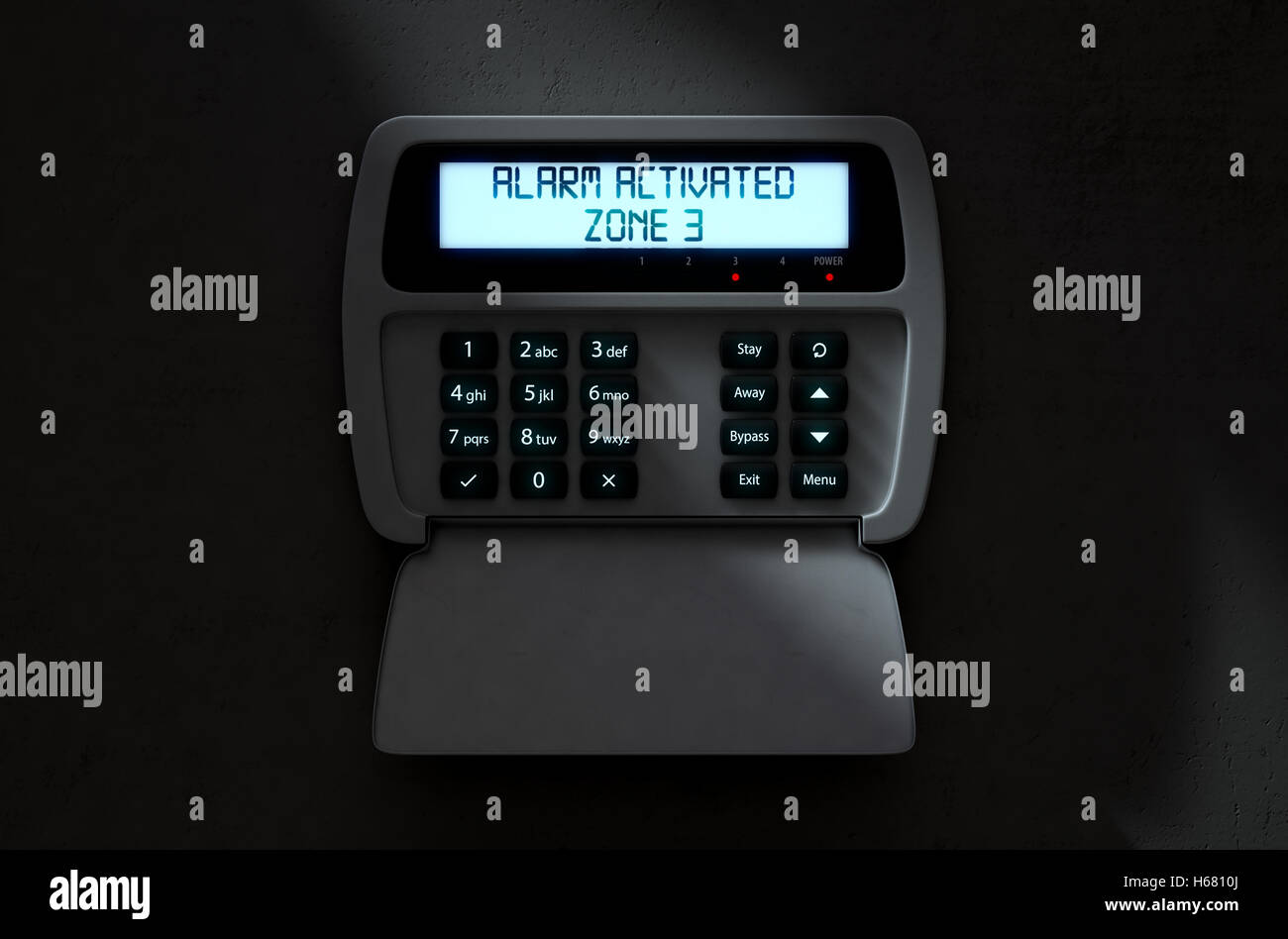 A 3D render of a home security keypad access panel with buttons and an ...