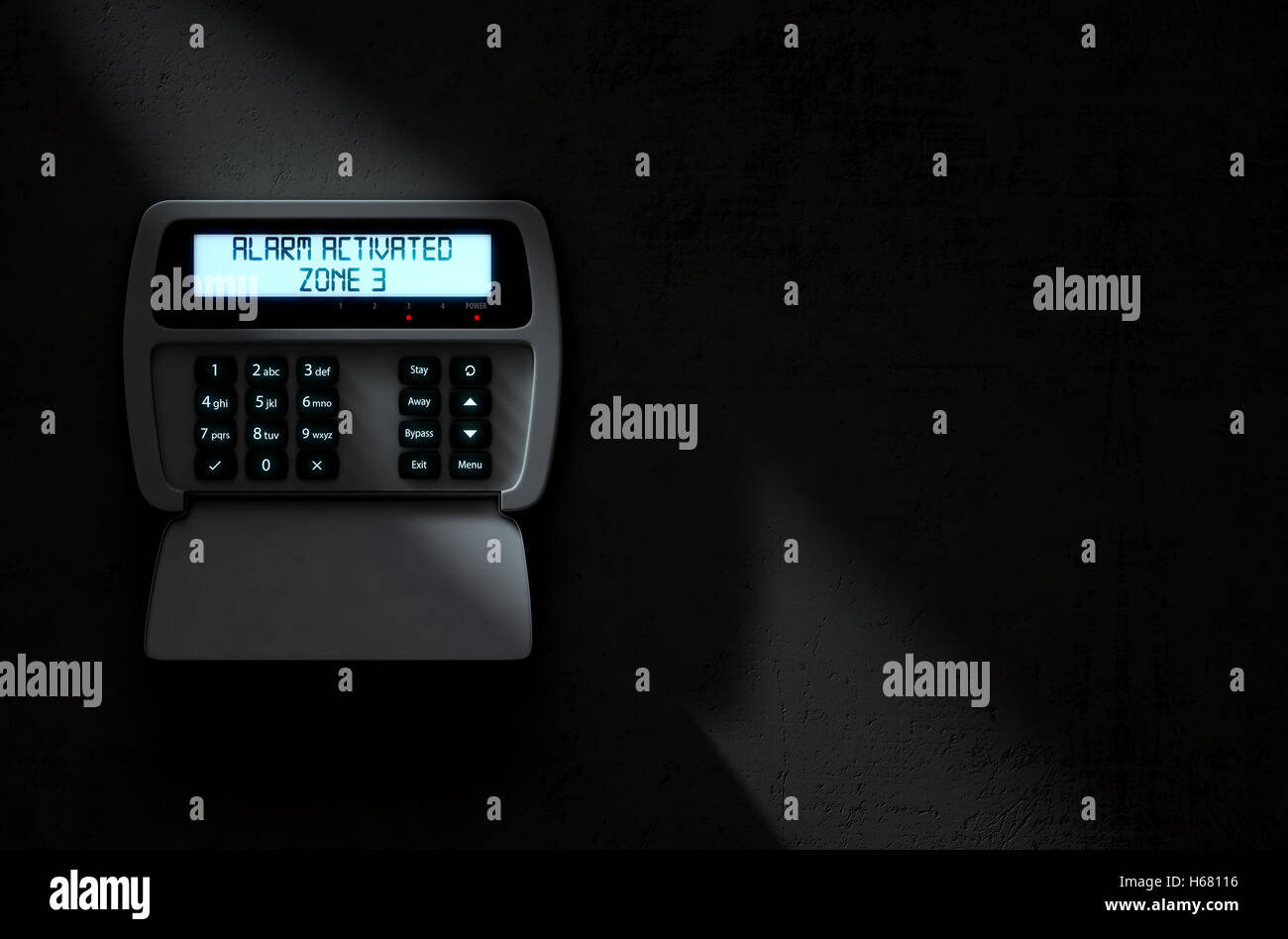 A 3D render of a home security keypad access panel with buttons and an ...