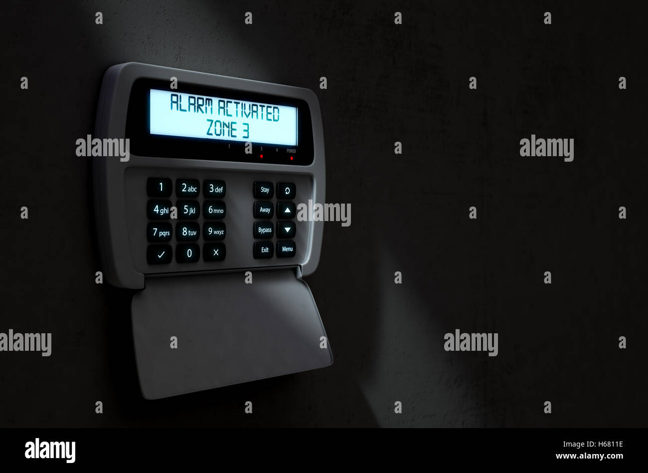 A 3D render of a home security keypad access panel with buttons and an ...