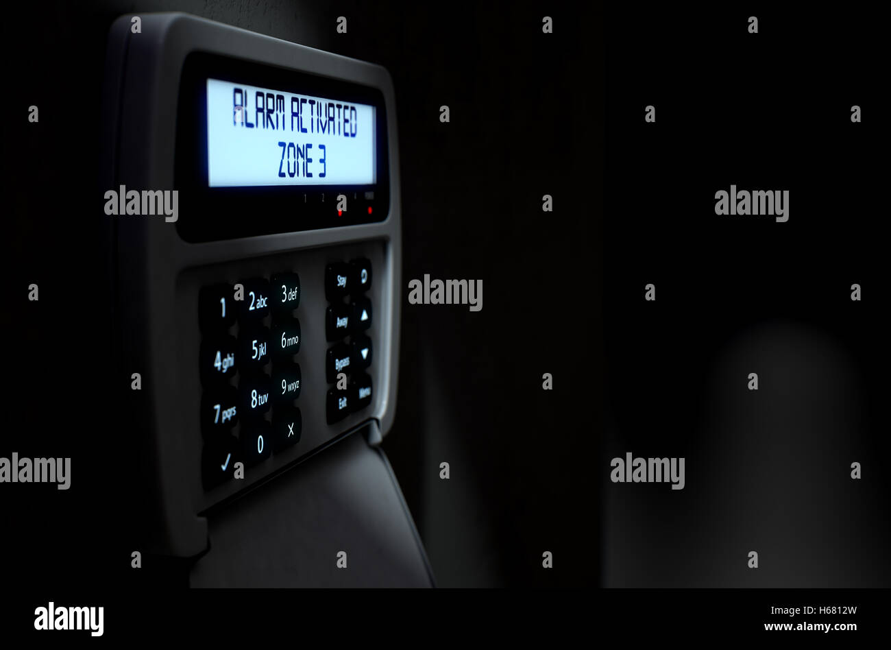 A 3D render of a home security keypad access panel with buttons and an ...