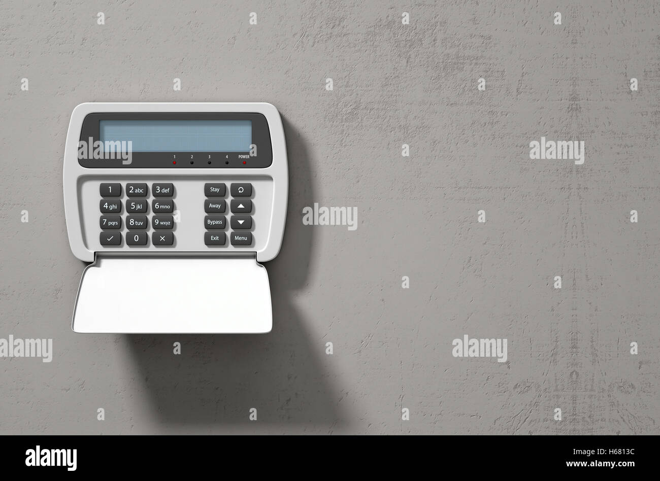 A 3D render of a home security keypad access panel with buttons and a ...
