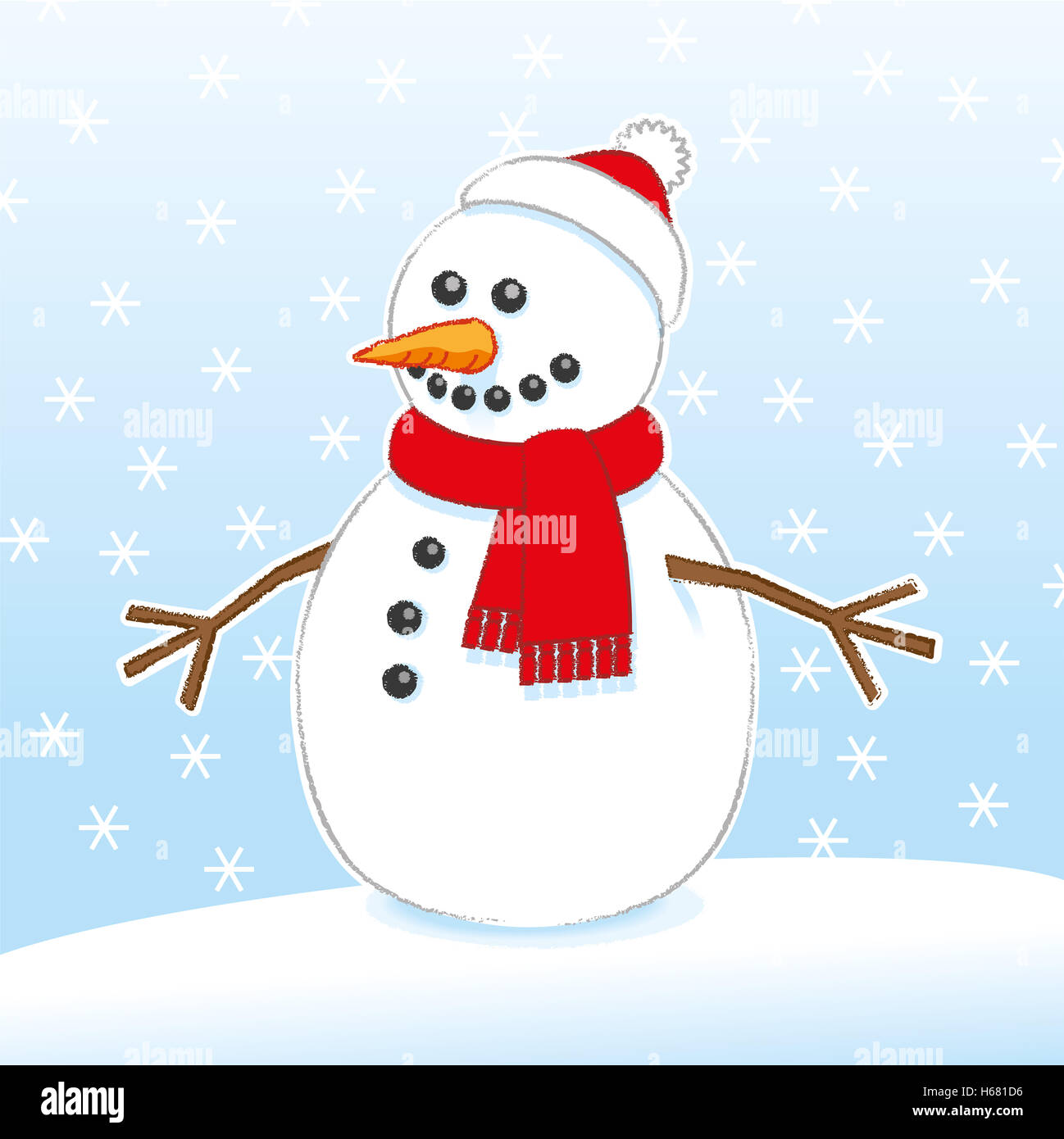 Happy Snowman with Carrot Nose and Stick Arms wearing Red Scarf and ...