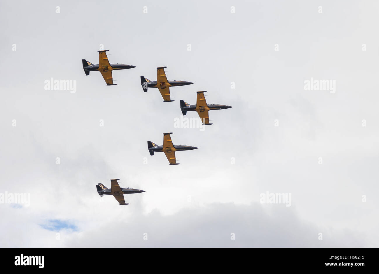 The aviation aerobatics team "Rus" in flying. The group performs on jet ...