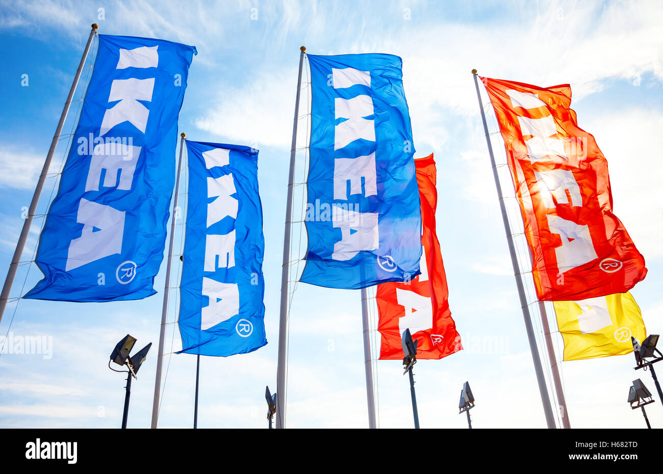 IKEA flags against a blue sky near the IKEA Samara Store Stock Photo ...