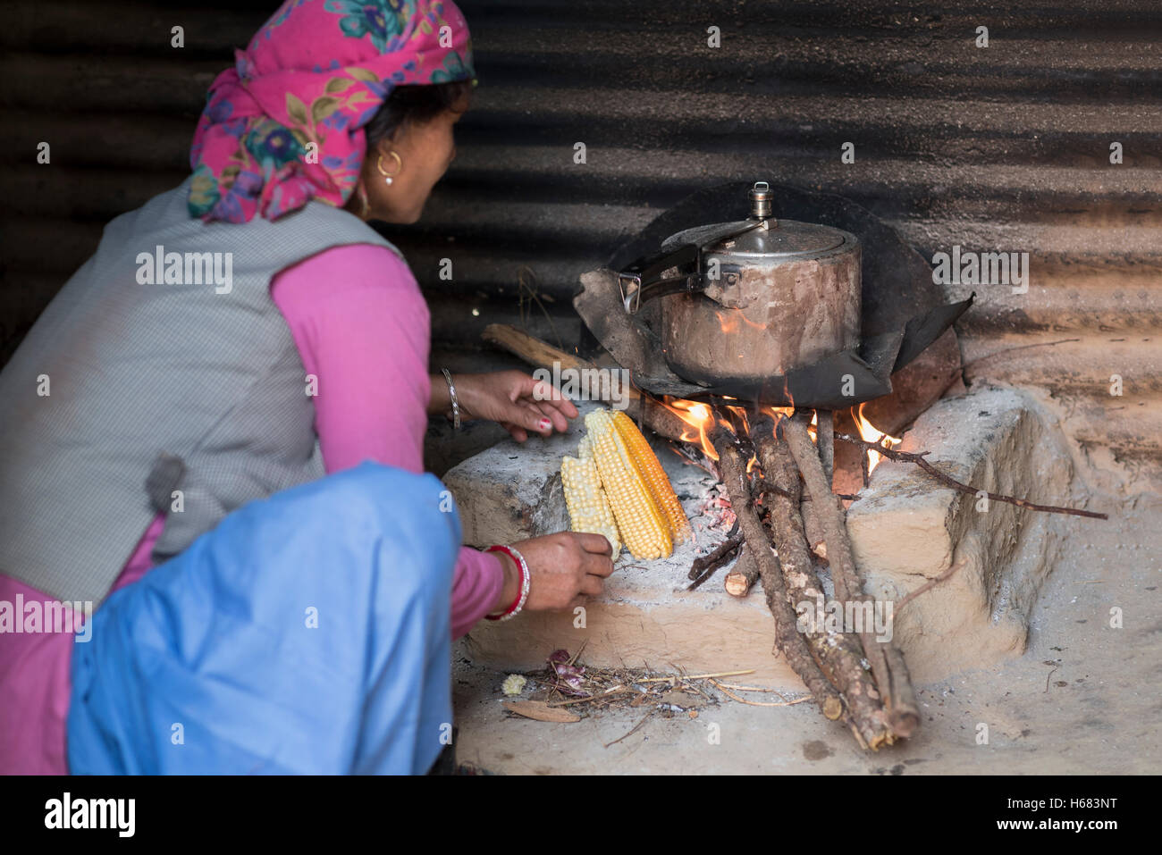 Woman cooking on wood fire Stock Photo - Alamy