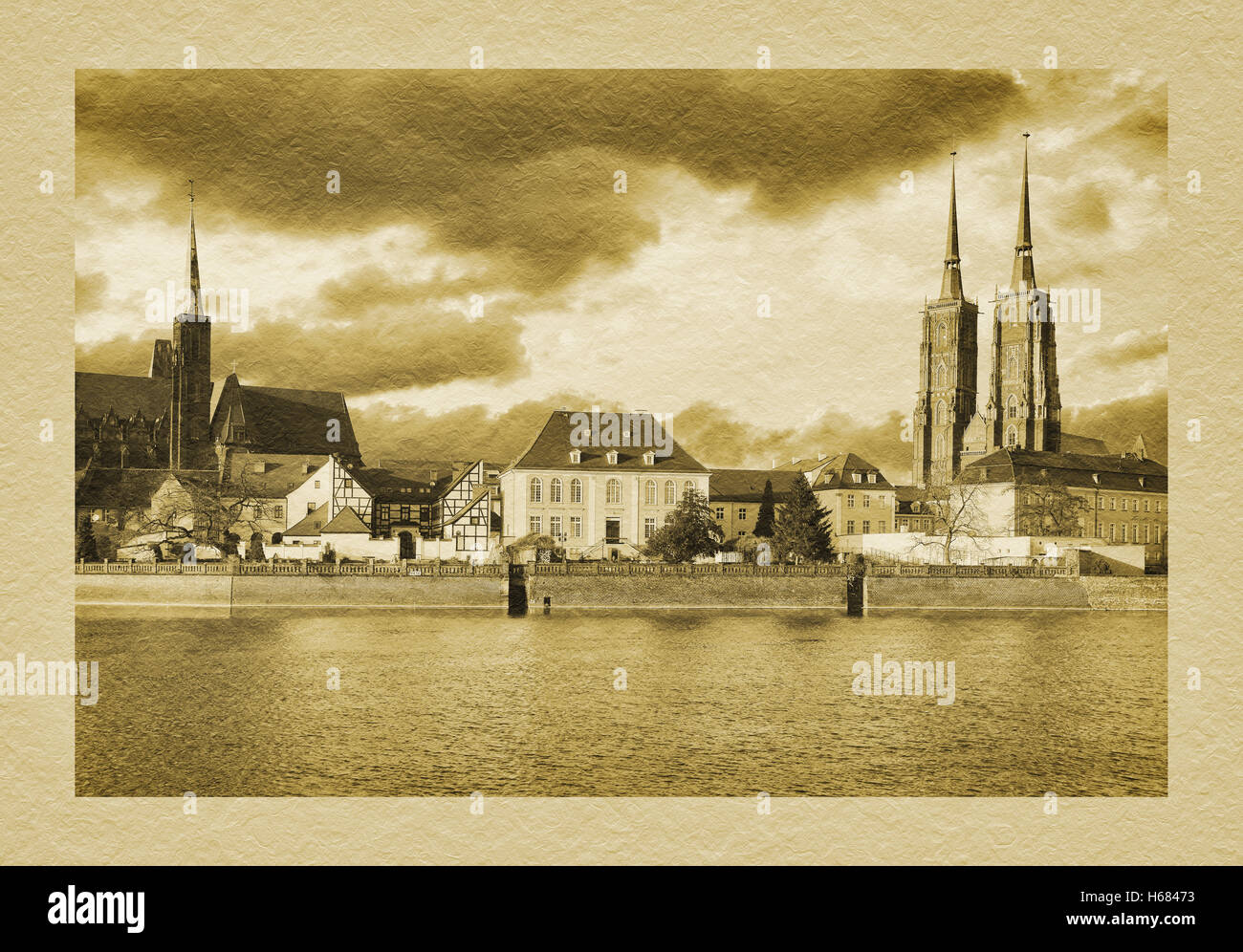 View over the Oder-River to dome island, the Dome and the Church of the ...