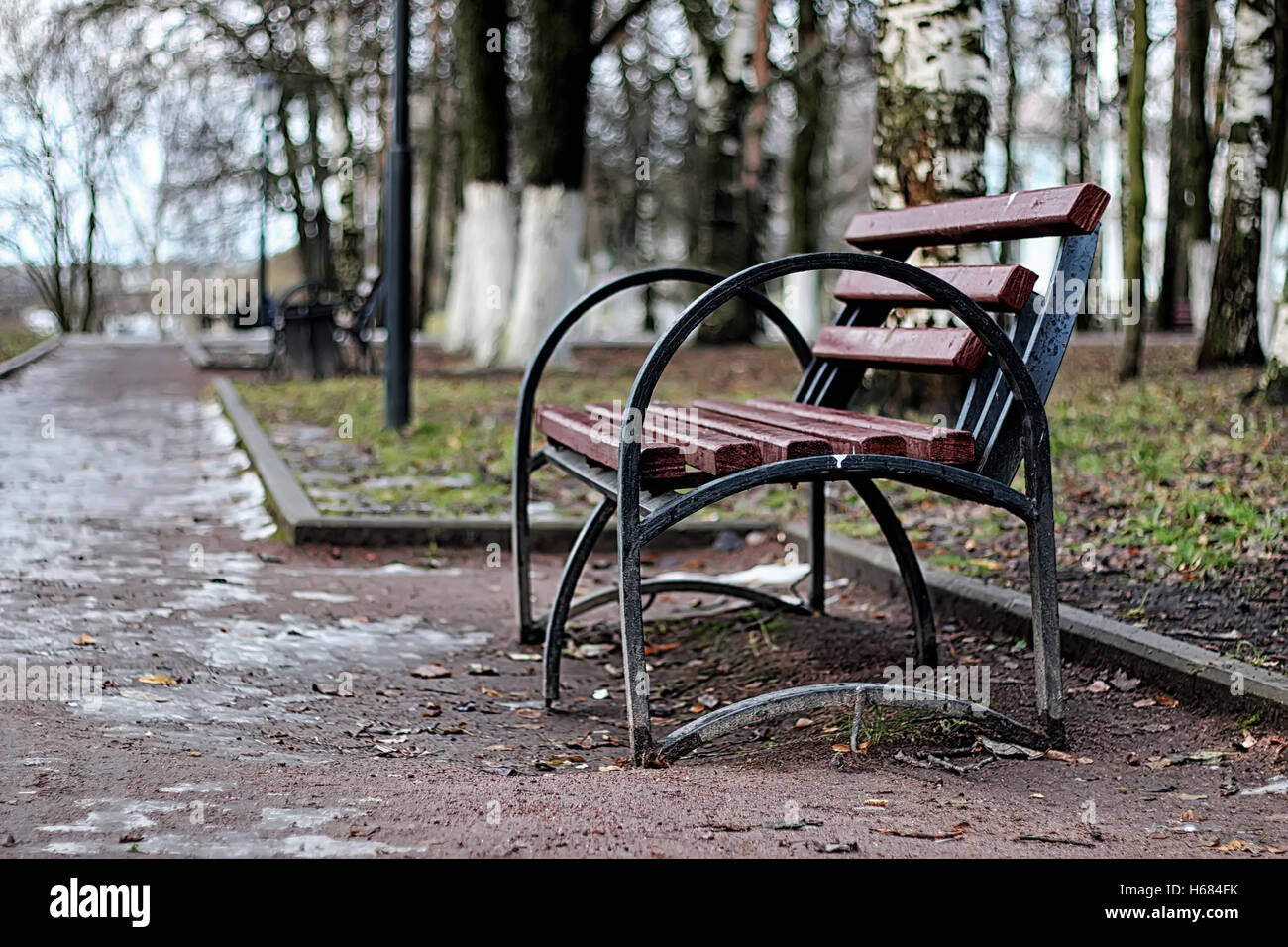 bench in the city in spring Stock Photo - Alamy