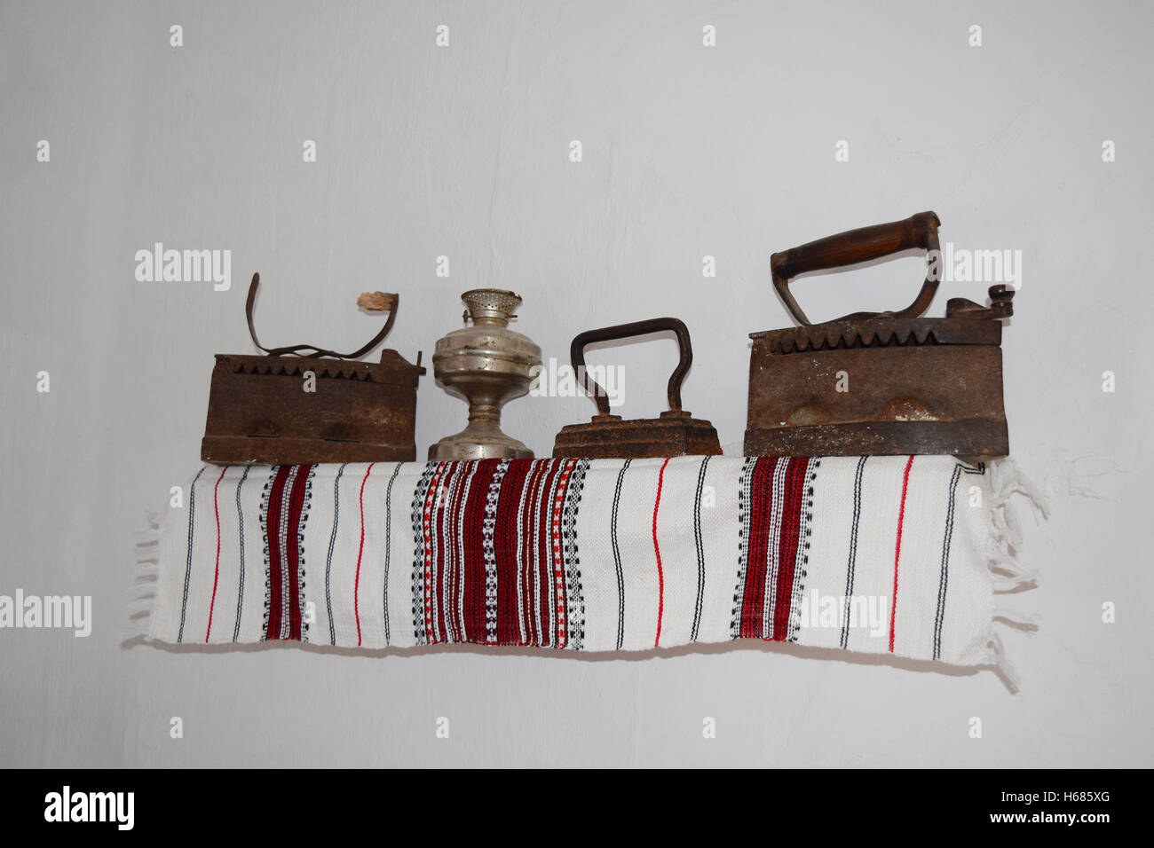 Ancient irons on a timber floor. Reconstruction of life of Cossacks of ...