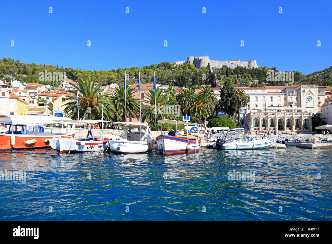 Harbour and Spanish Fortress, Hvar Town from the sea, Hvar Island ...