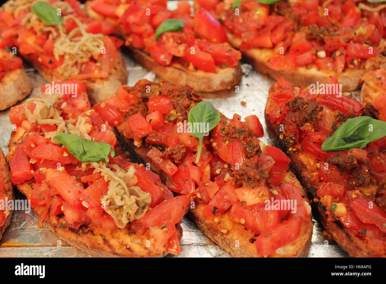Italian tomato and cheese bruschetta. Tapas, antipasti with chopped ...