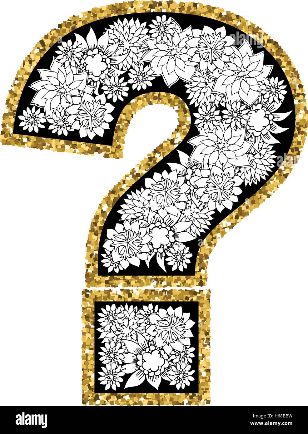 Hand drawn alphabet design. Figure question mark. Gold glittering ...