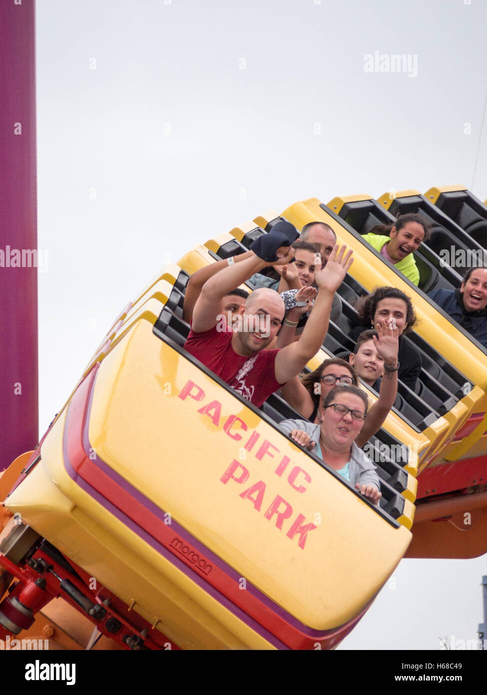 Having fun in Santa Monica Pier Pacific Park roller coaster Stock Photo ...