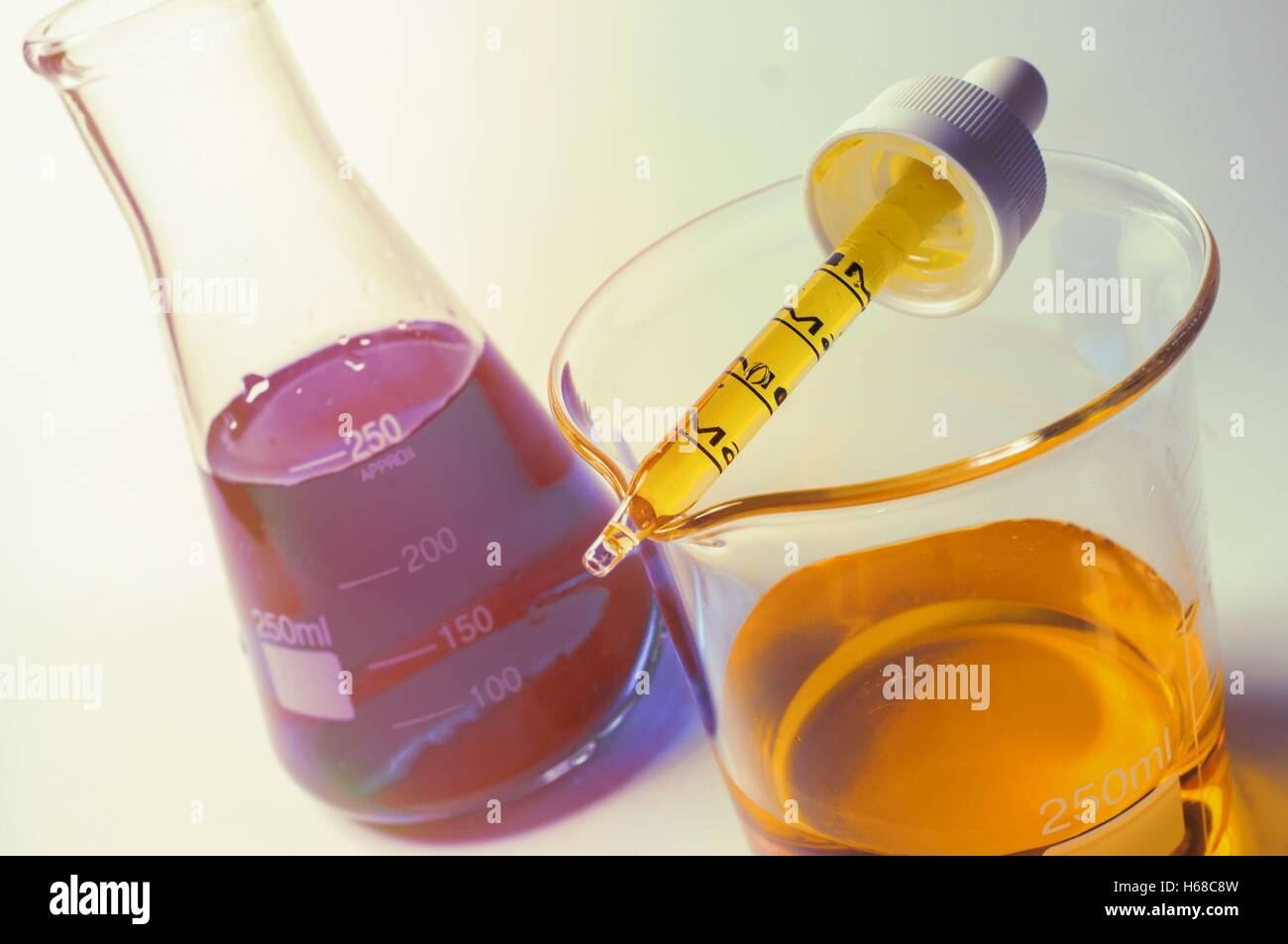 Close up glass measuring beaker for science experiment background Stock ...