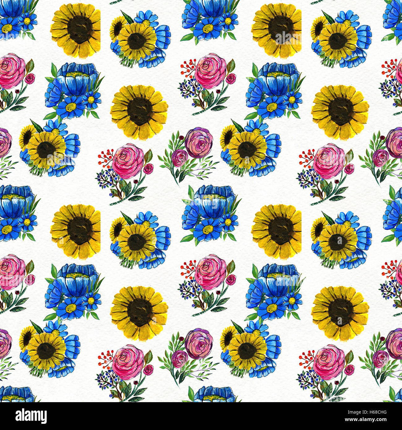 Seamless pattern with blue yellow and pink flowers Stock Photo - Alamy