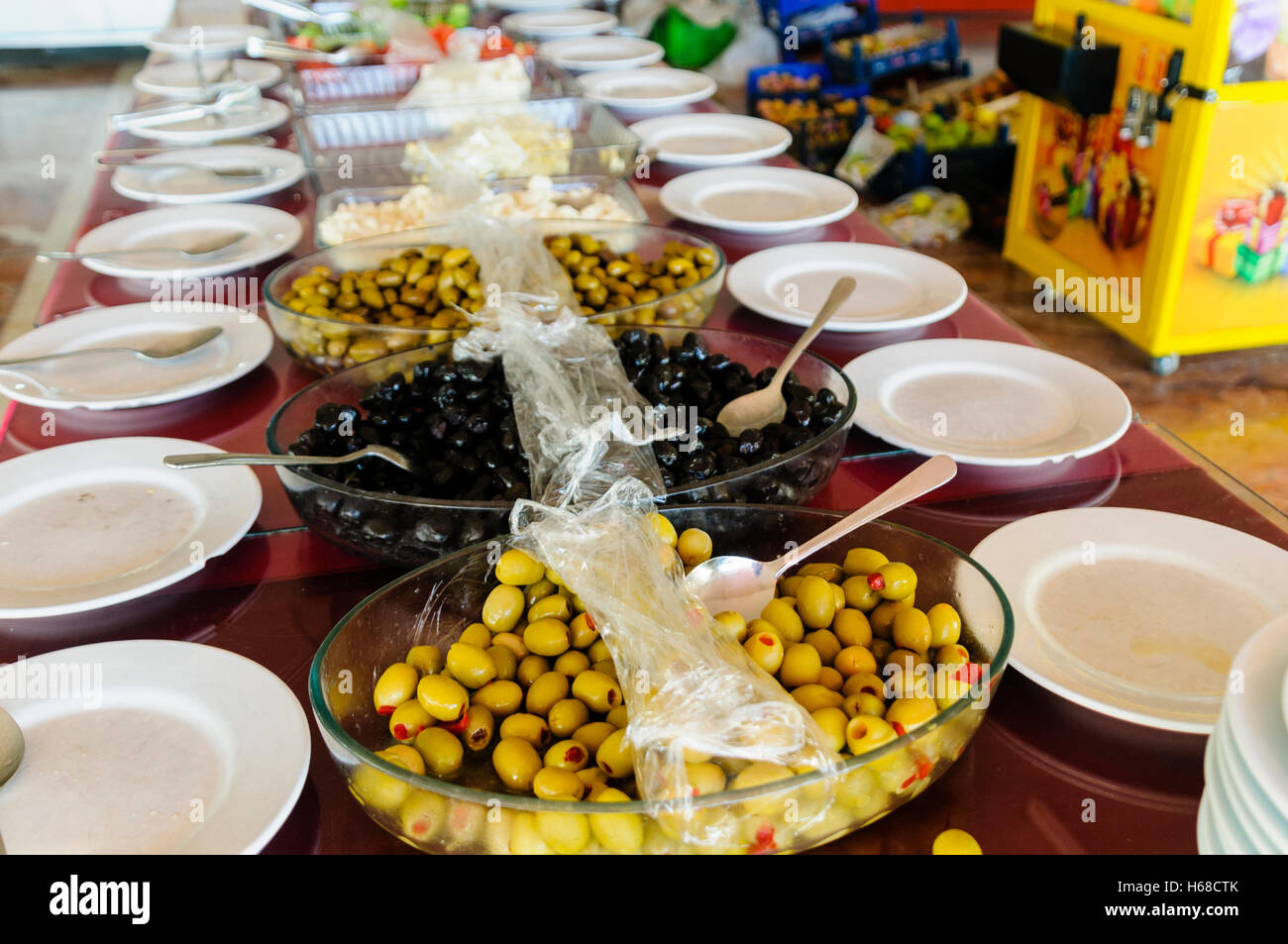 Bowls of olives at a roadside cafe breakfast buffet in Turkey Stock ...