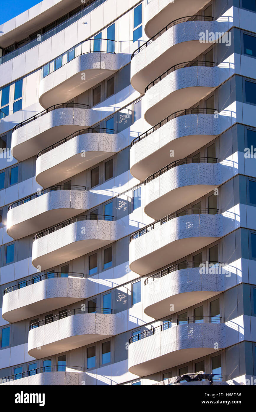 Germany, Cologne, balcony of the apartment building Flow Tower in the ...