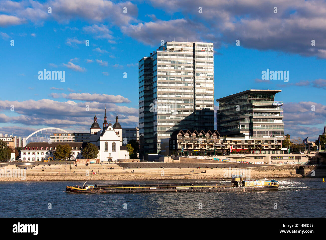 Germany, Cologne, view across the river Rhine to the high-rise building ...