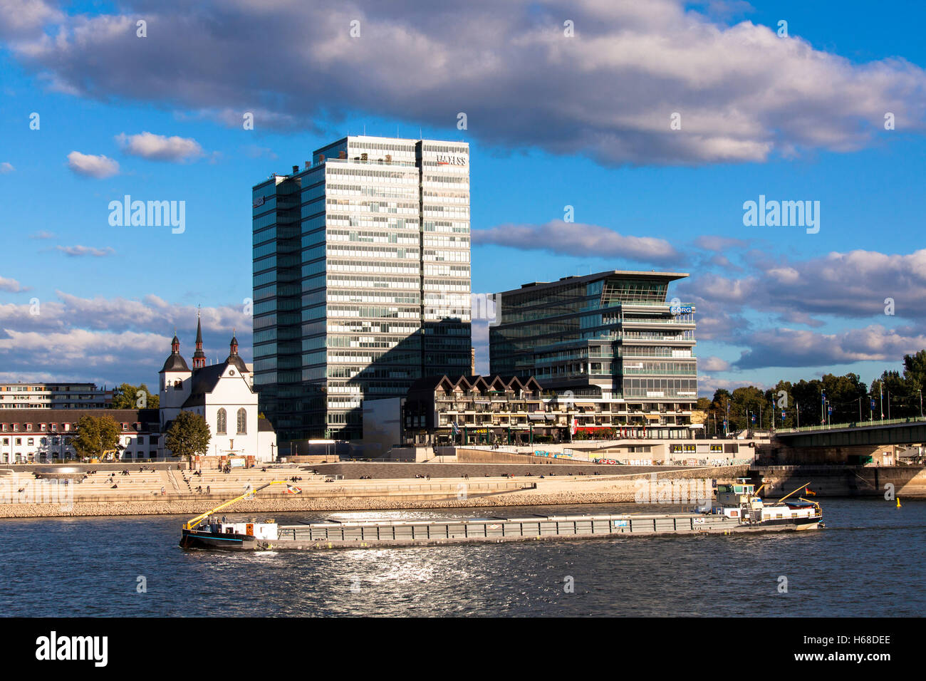 Germany, Cologne, view across the river Rhine to the high-rise building ...