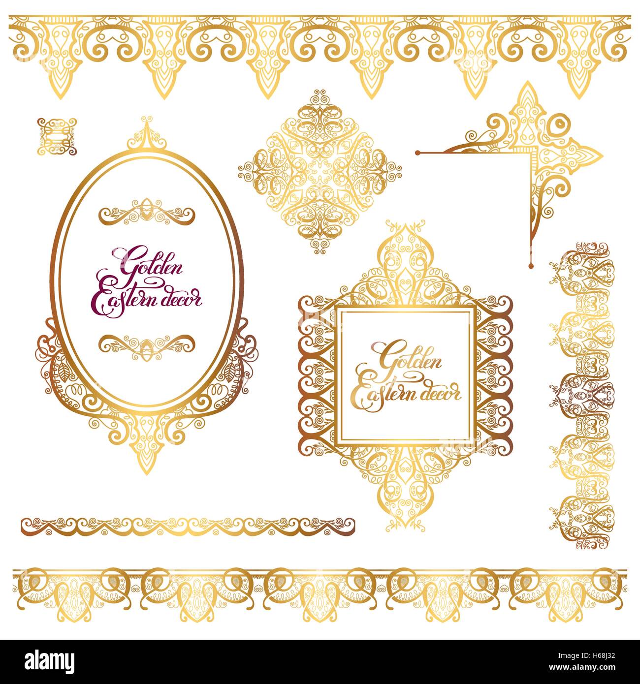 set of floral golden eastern decor frame elements, paisley patte Stock ...