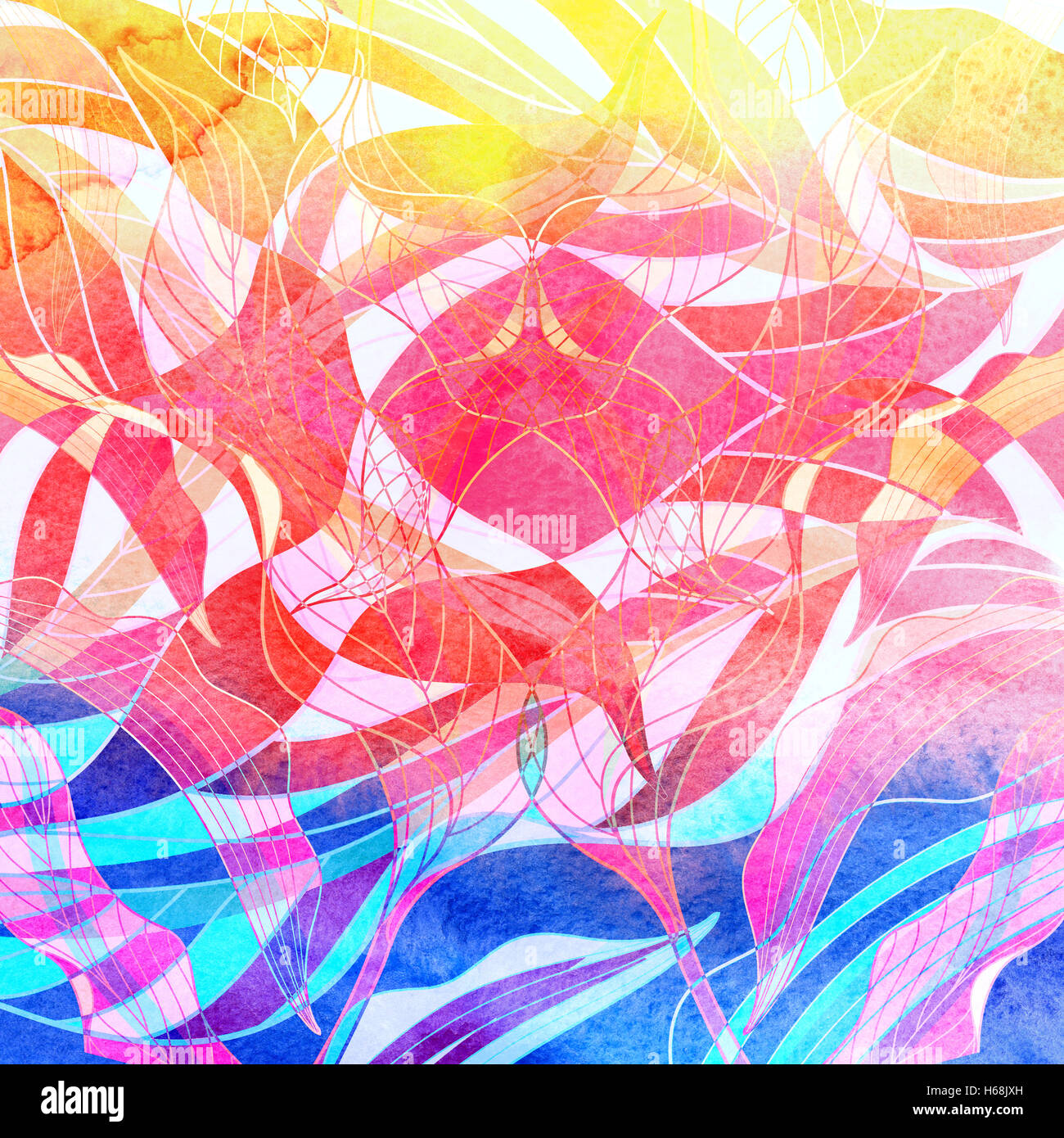 Bright colorful watercolor pattern of various interesting elements ...