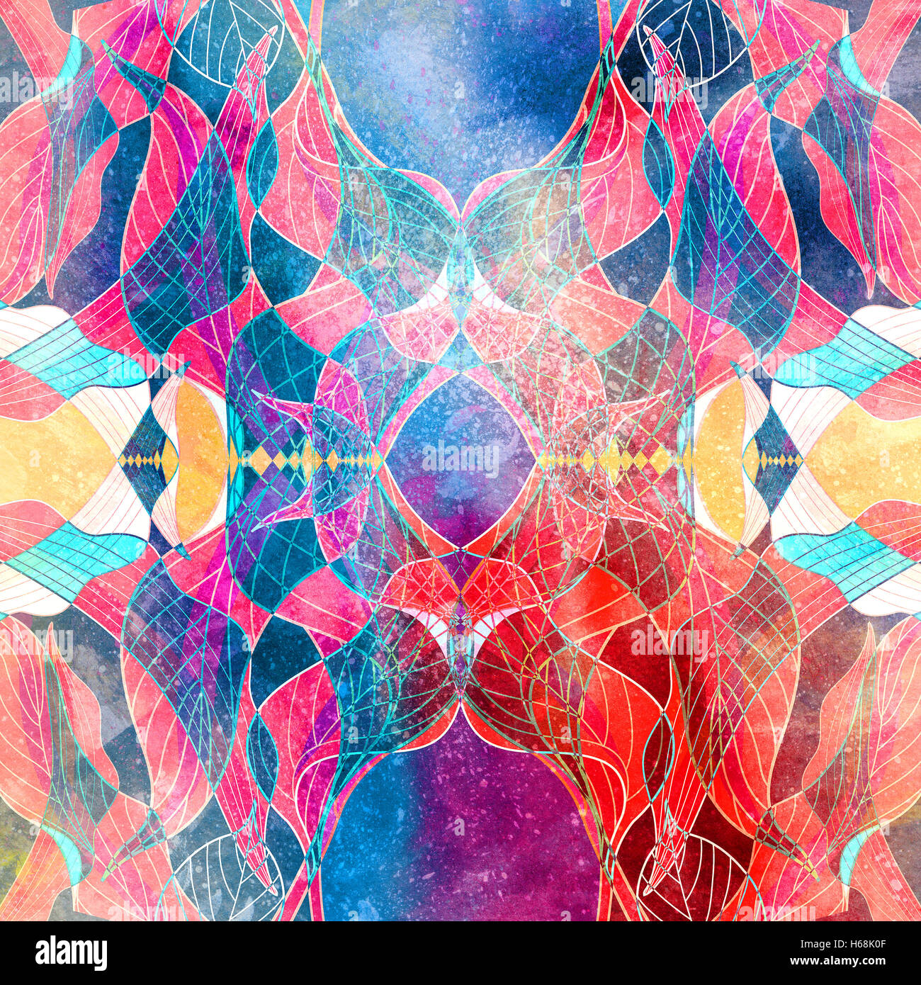 Bright colorful watercolor pattern of various interesting elements ...