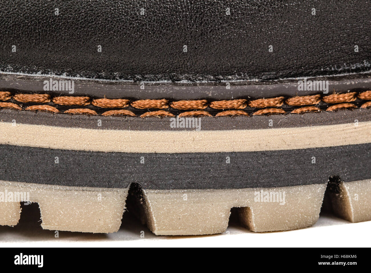 The shoe of needled strong thread, stitch of seam close-up, isolated on ...