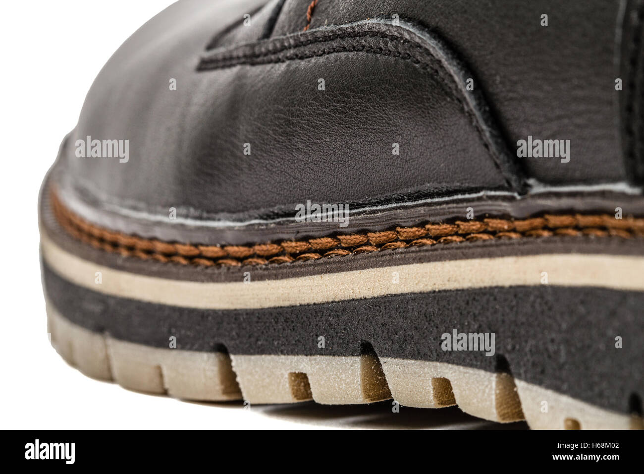 The shoe of needled strong thread, stitch of seam close-up, isolated on ...