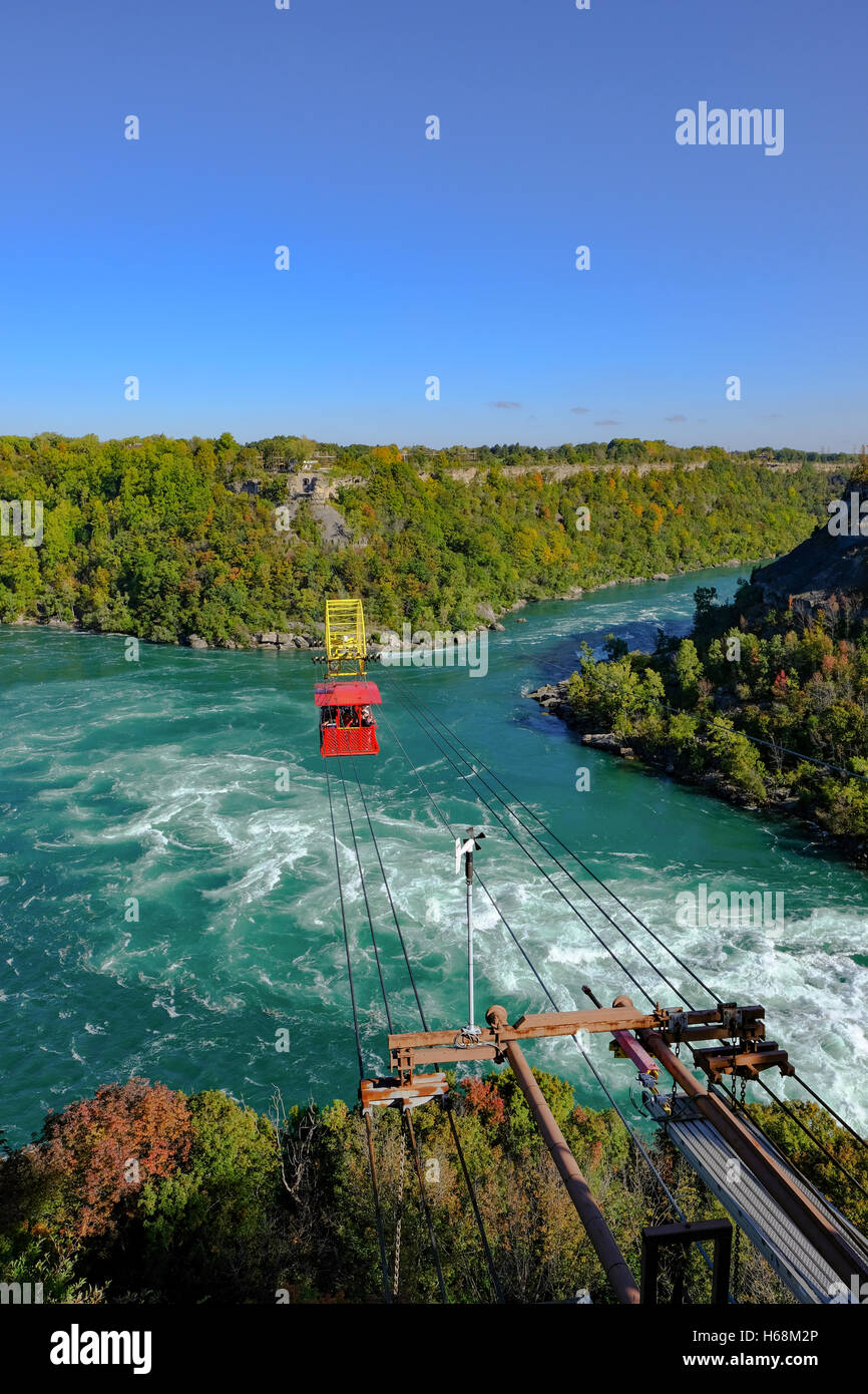 View of cable car system over the Niagara River, Ontario. The river is ...