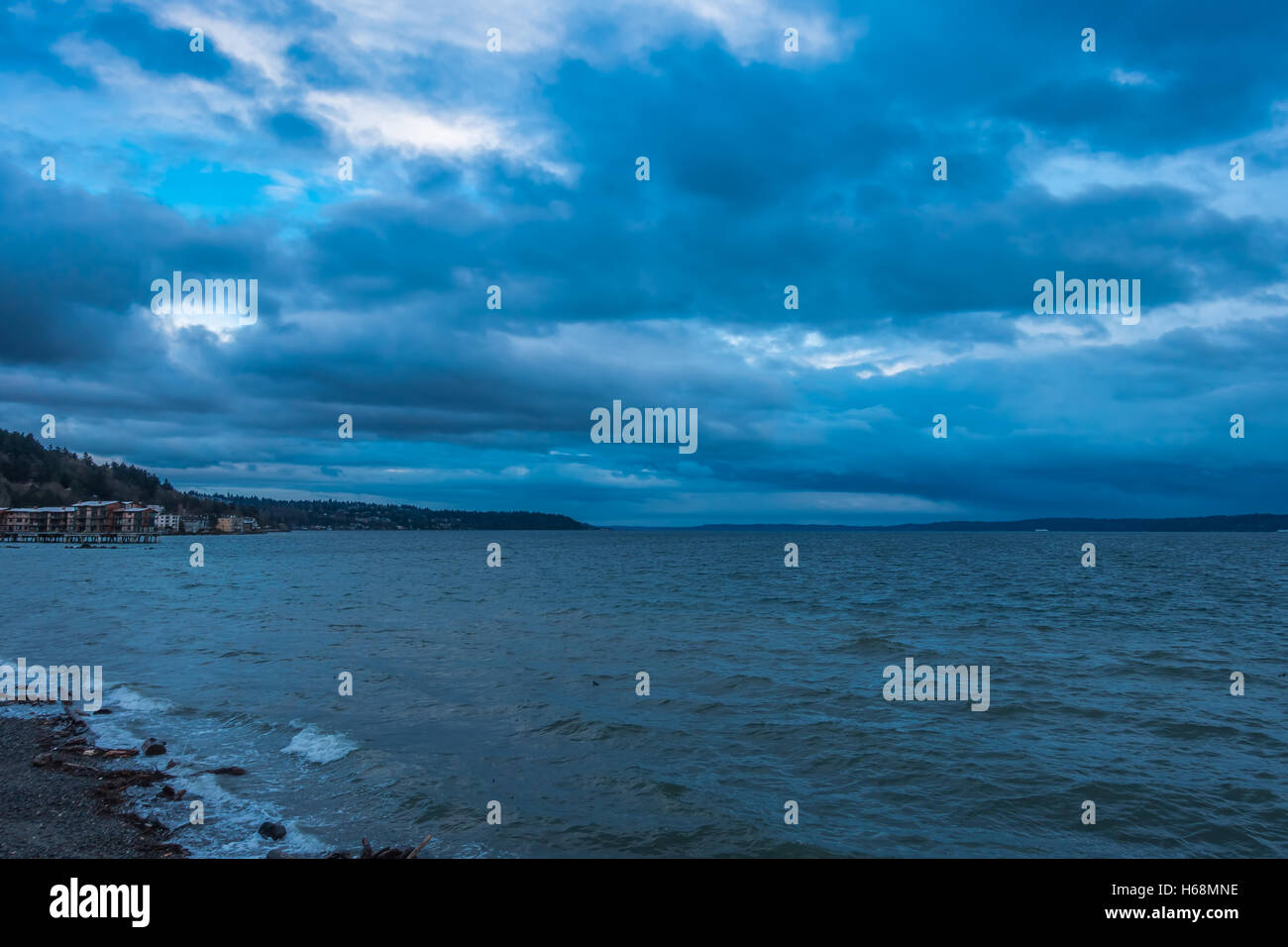Dark storm clouds gather over the Puget Sound. Shot taken from West ...