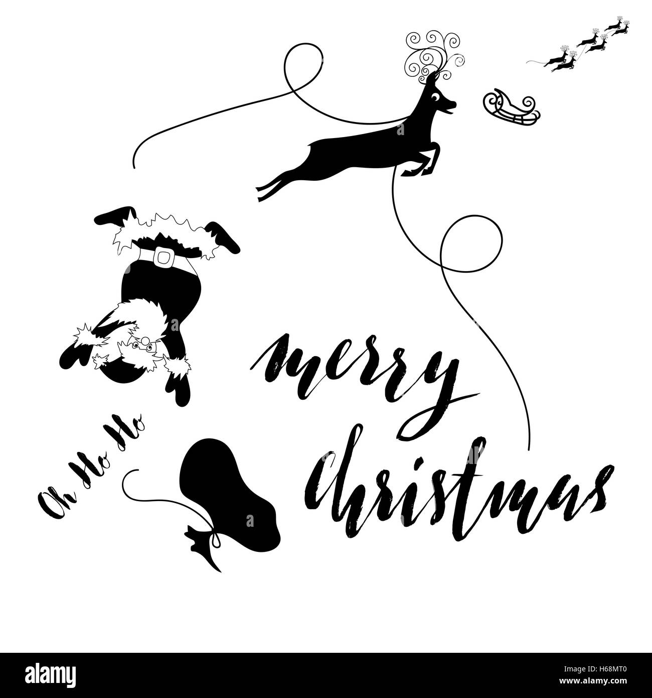 Santa Claus fall from sleigh with harness on the reindeer. Black and ...