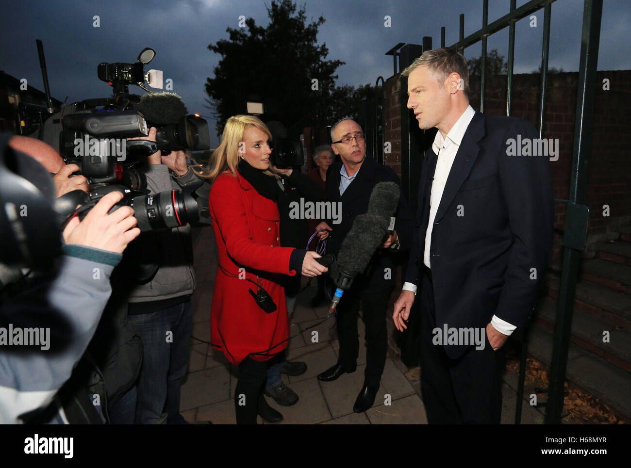 Zac Goldsmith speaking to media as he arrives at Barnes Primary School ...