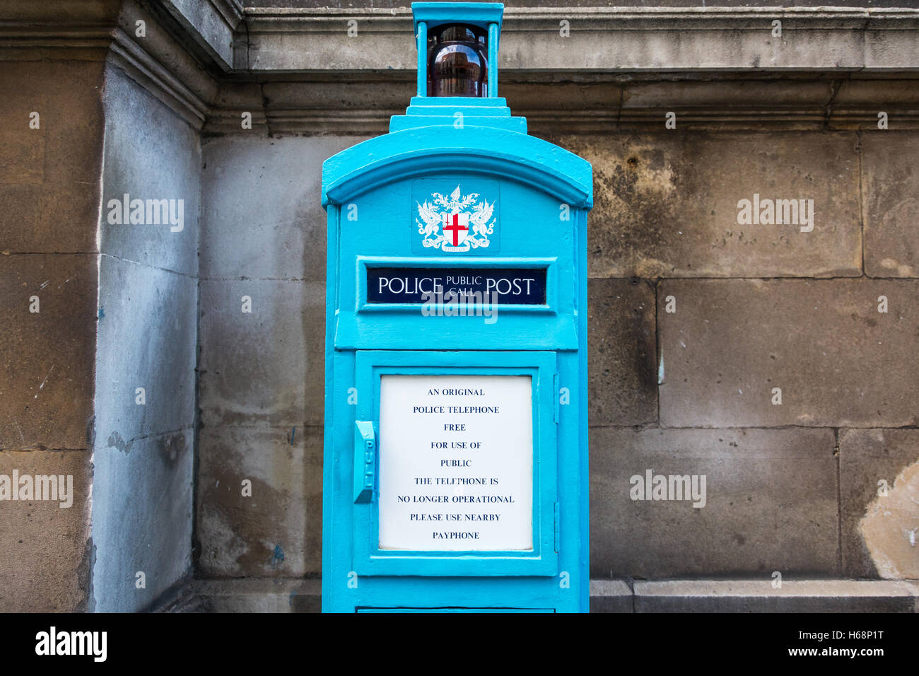 A light blue Police Public Call Post near the Guildhall in the City of ...