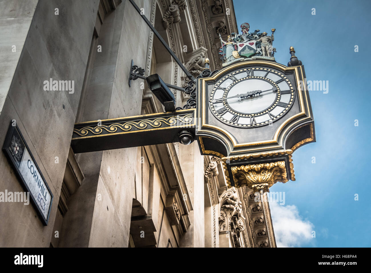 Detail one of two clocks on the Royal Exchange on Cornhill ...