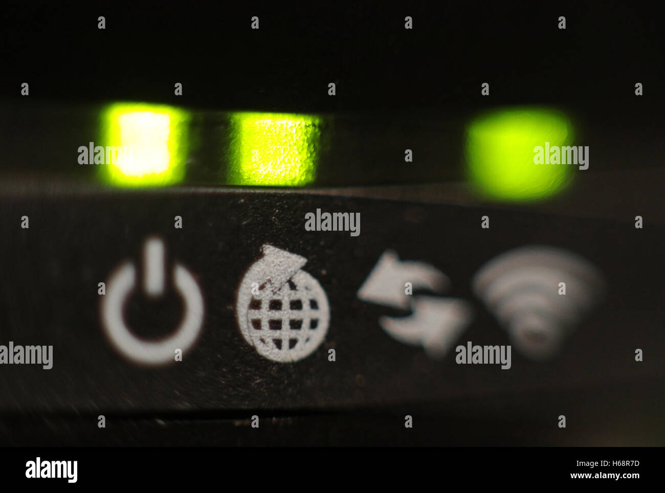 The lights on the front panel of a broadband internet router, London ...