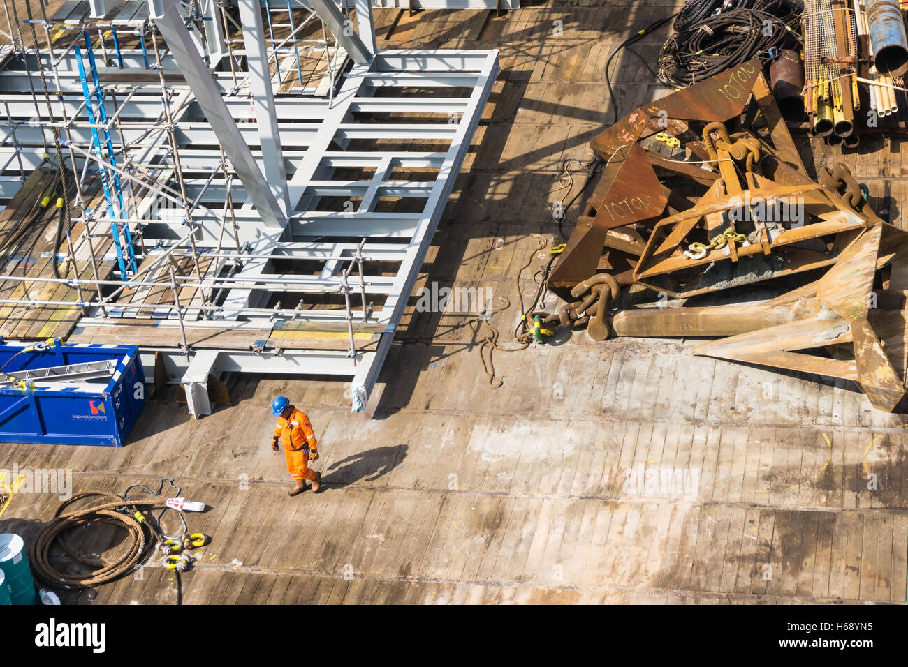 Deck view of construction barge Stock Photo - Alamy