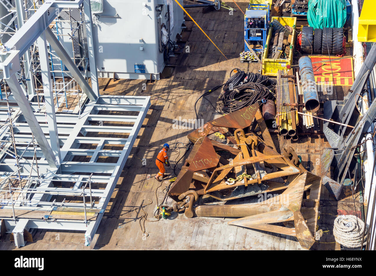 Deck view of construction barge Stock Photo - Alamy