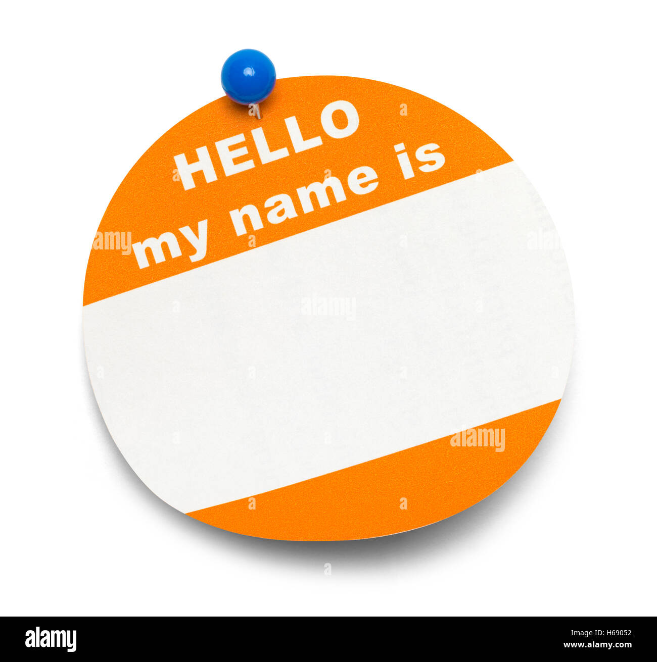 Round Orange Hello Tag with Blue Pin Isolated on White Background Stock ...