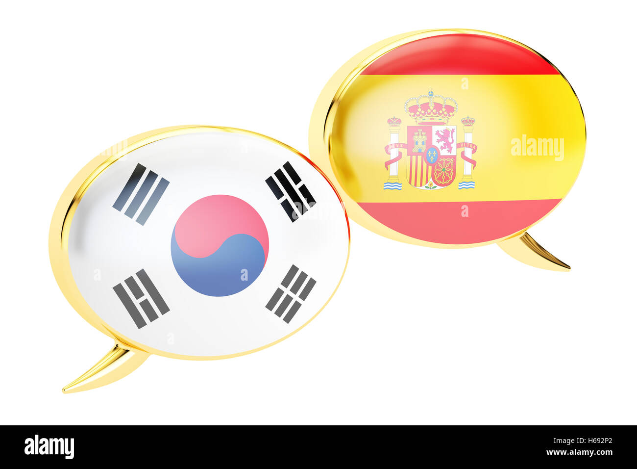 Speech bubbles, Korean-Spanish translation concept. 3D rendering Stock ...