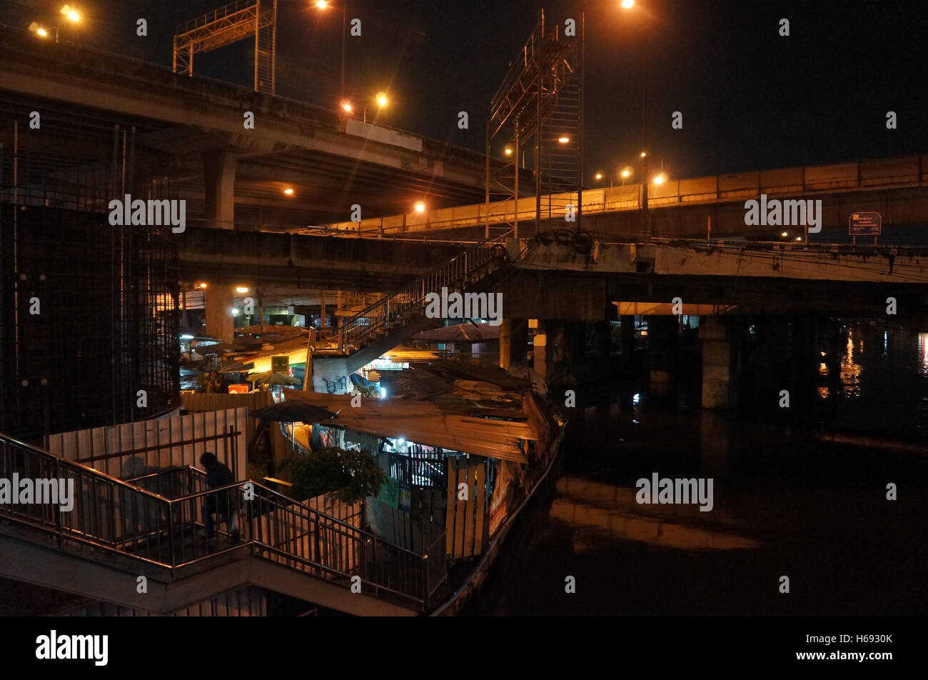 A slum under several highways in On Nut district, Bangkok, Thailand ...