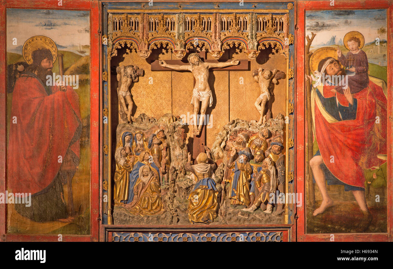 Segovia - The polychrome gothic relief of Crucifixion in atrium of ...