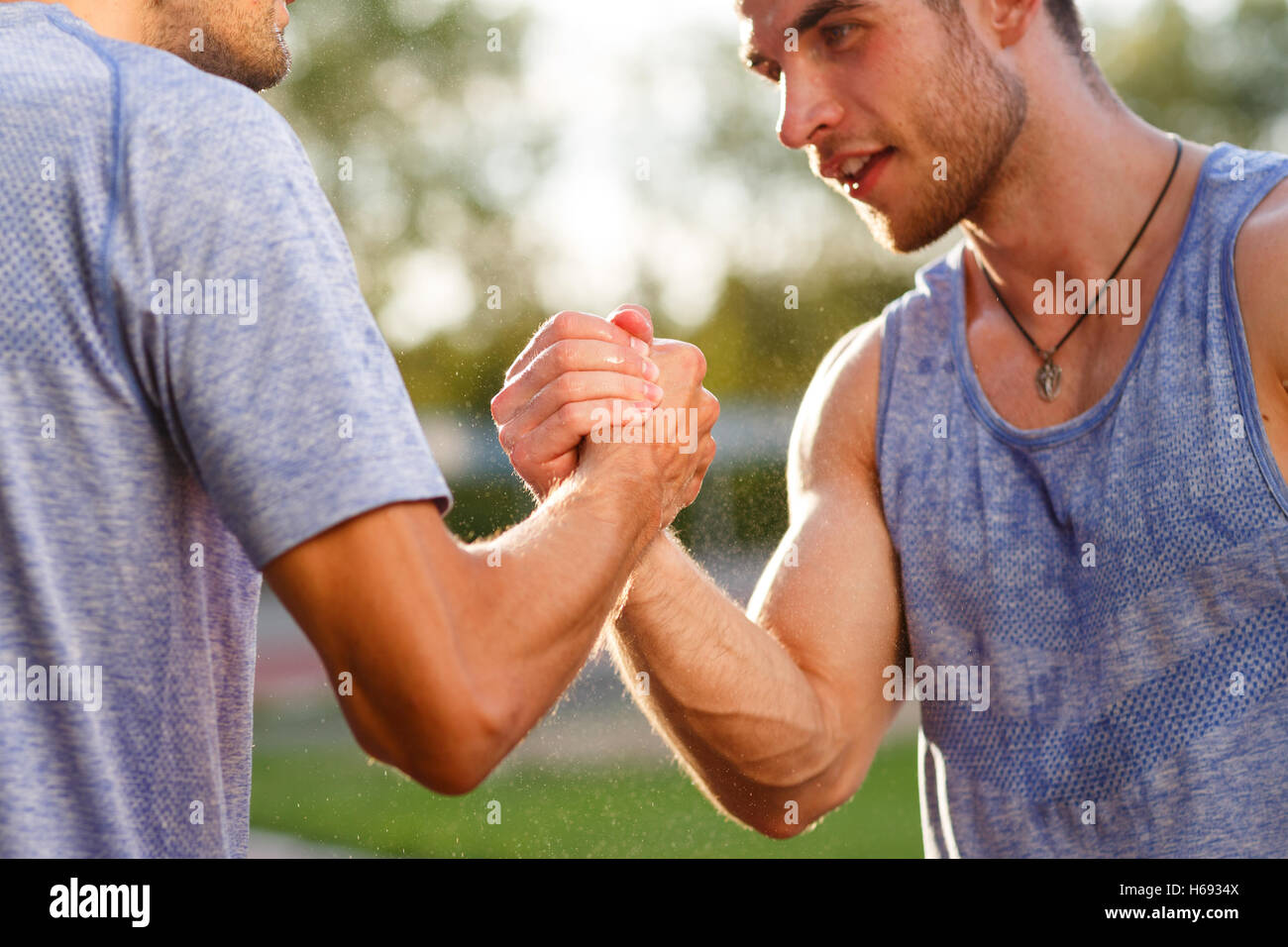Portrait of two handsome strong men handshake. Focused on hands Stock ...