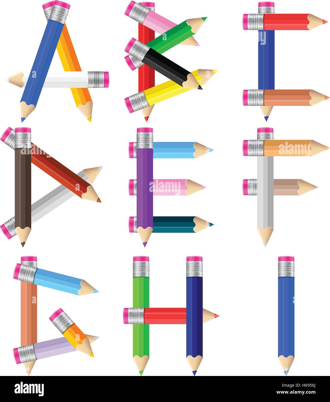 Alphabet formed by pencils from A to I on a white background. Vector ...