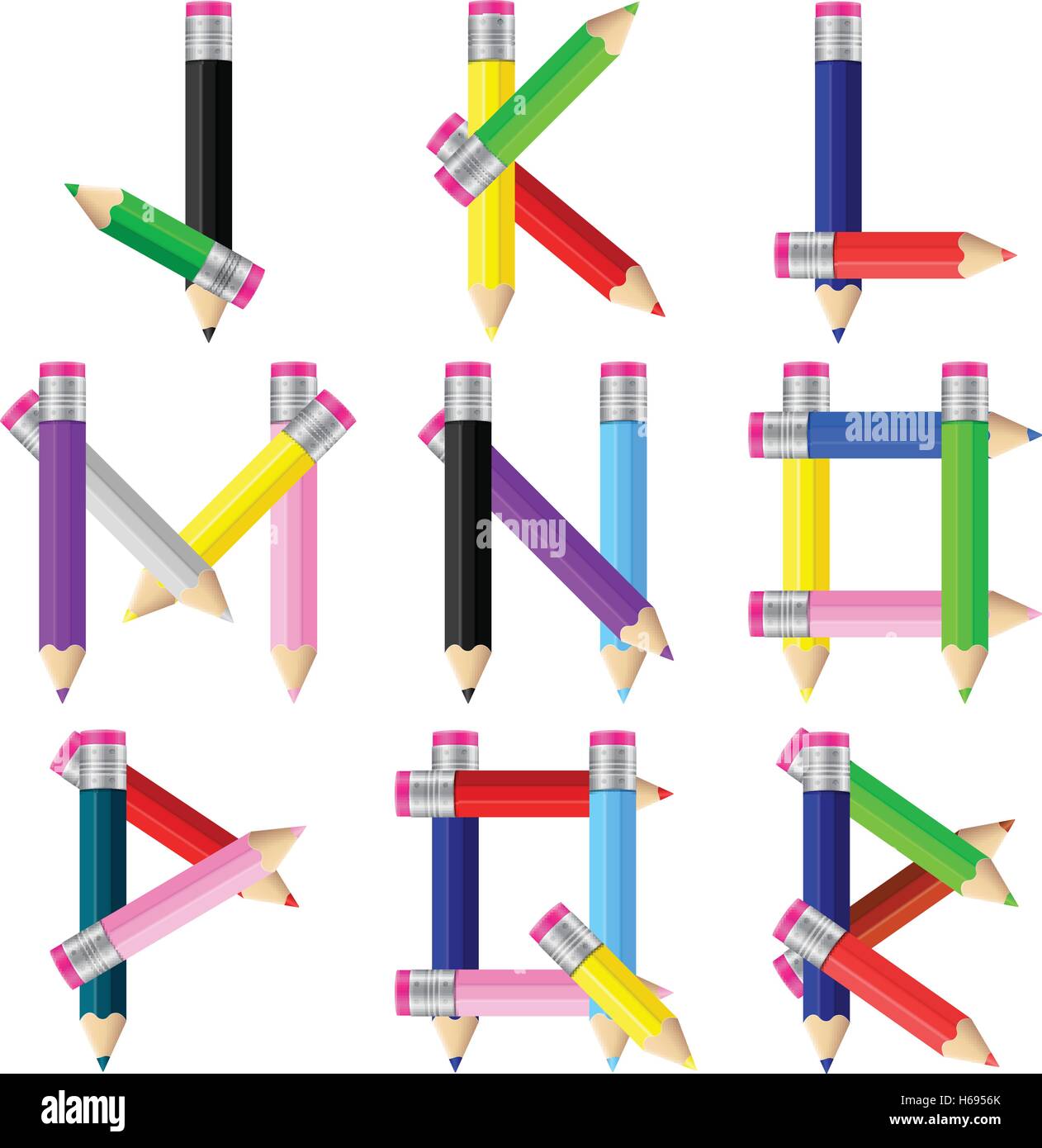 Alphabet formed by pencils from J to R on a white background. Vector ...
